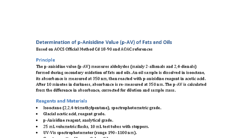 Anisidine Value Method: AOCS & AOAC Preparation Guide - Studocu