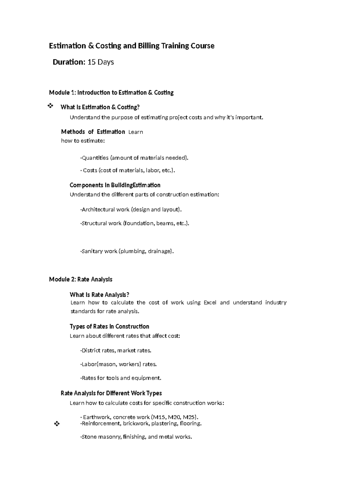 Estimation Costing and Billing Training Course Syllabus - Studocu