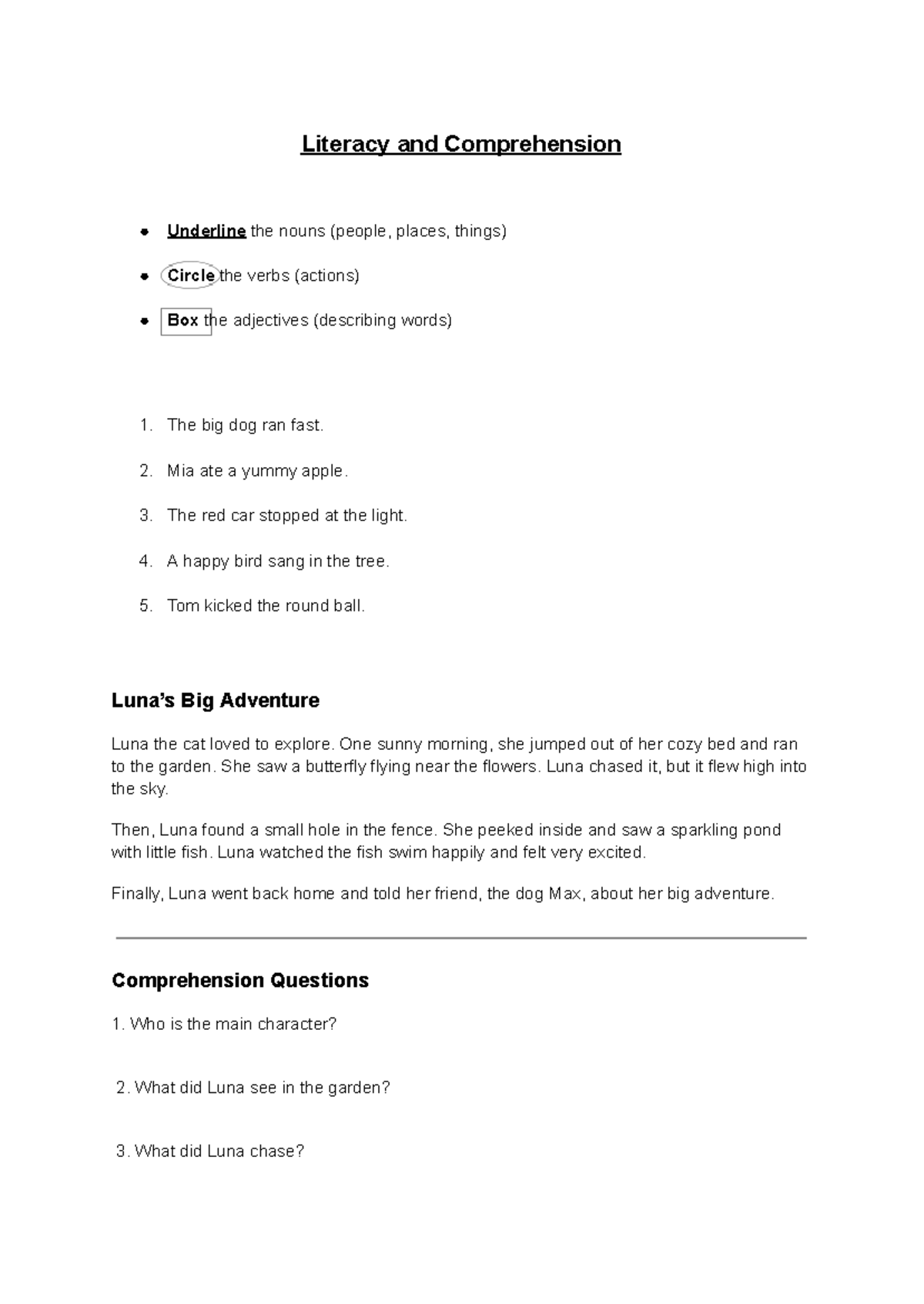 Literacy & Comprehension: Nouns, Verbs, & Adjectives Activity - Studocu