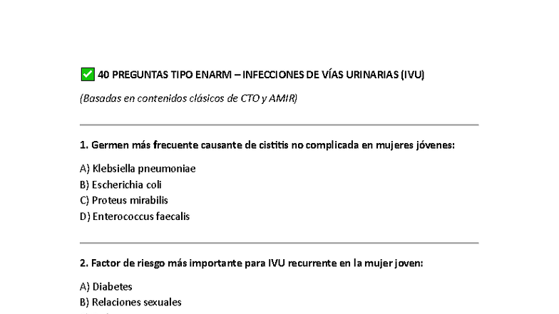 40 PREGUNTAS TIPO ENARM SOBRE INFECCIONES DE VÍAS URINARIAS (IVU) - Studocu