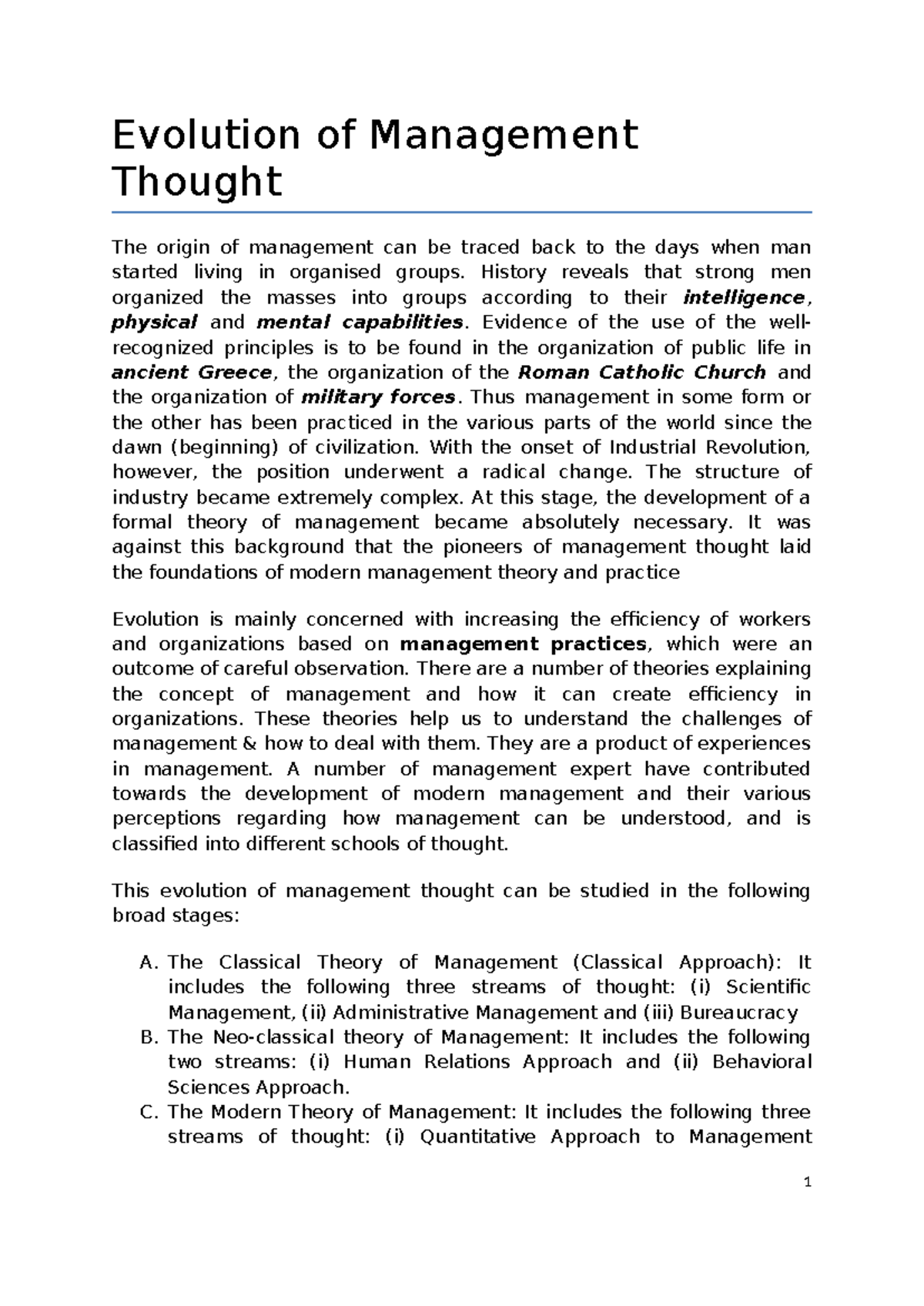 Evolution of Management Theories - Essential Notes for Course 24 - Studocu