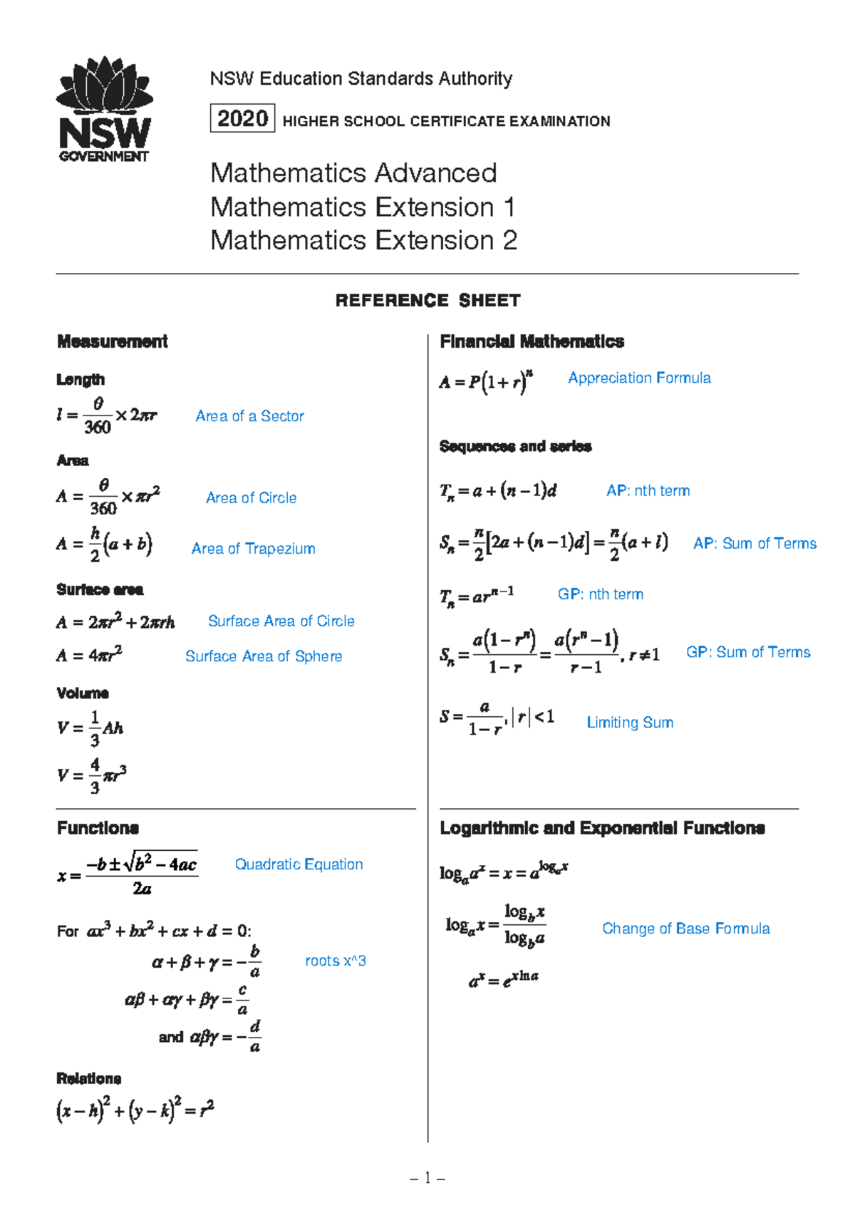 Mathematics Advanced, Extension 1 and Extension 2 Reference Sheet - 1 ...