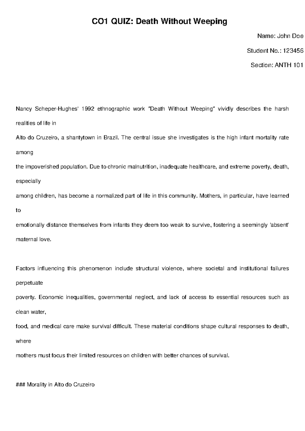 Death Without Weeping Essay - CO1 QUIZ: Death Without Weeping Name ...