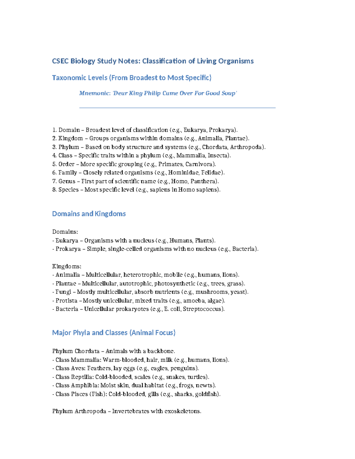 CSEC Biology Study Notes: Taxonomy & Classification Mnemonic Guide ...