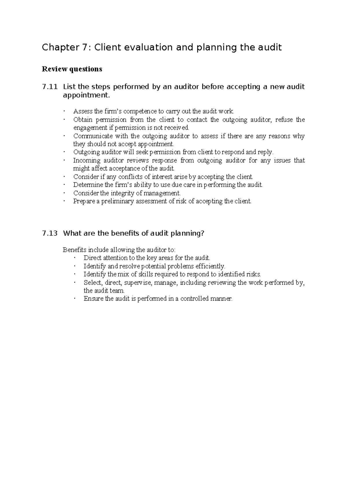 Chapter 7: Client Evaluation & Audit Planning - Tut Questions ...
