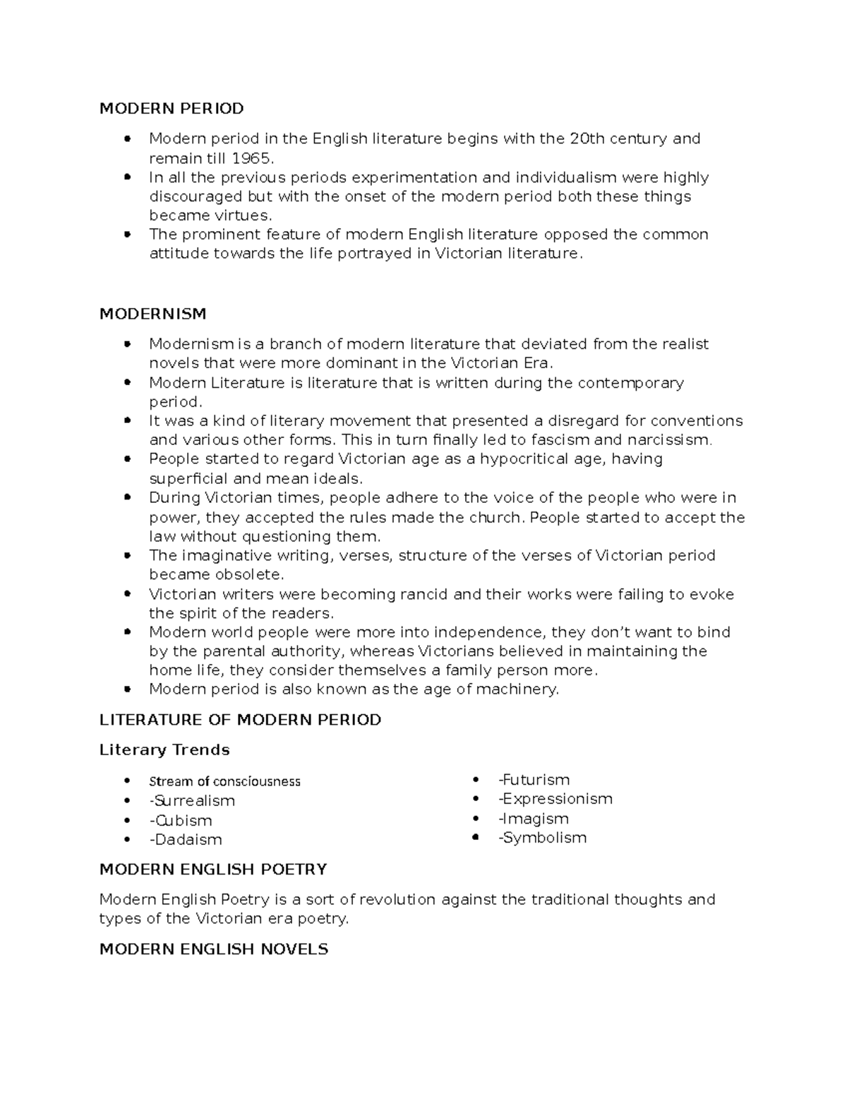 Modern Period in English Literature: 20th Century to 1965 - Studocu