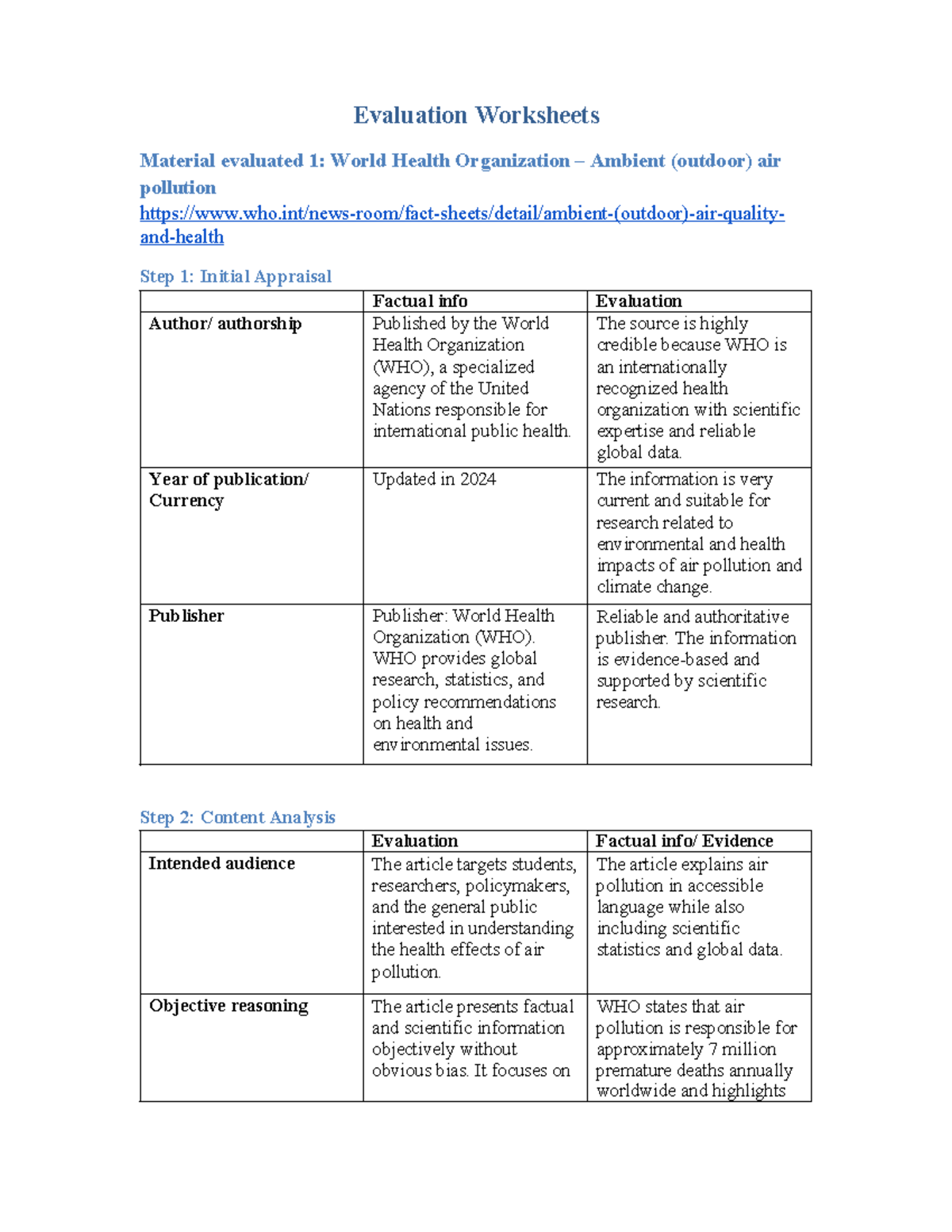 Evaluation Worksheets: WHO, OECD, and IRENA Reports on Air Pollution ...