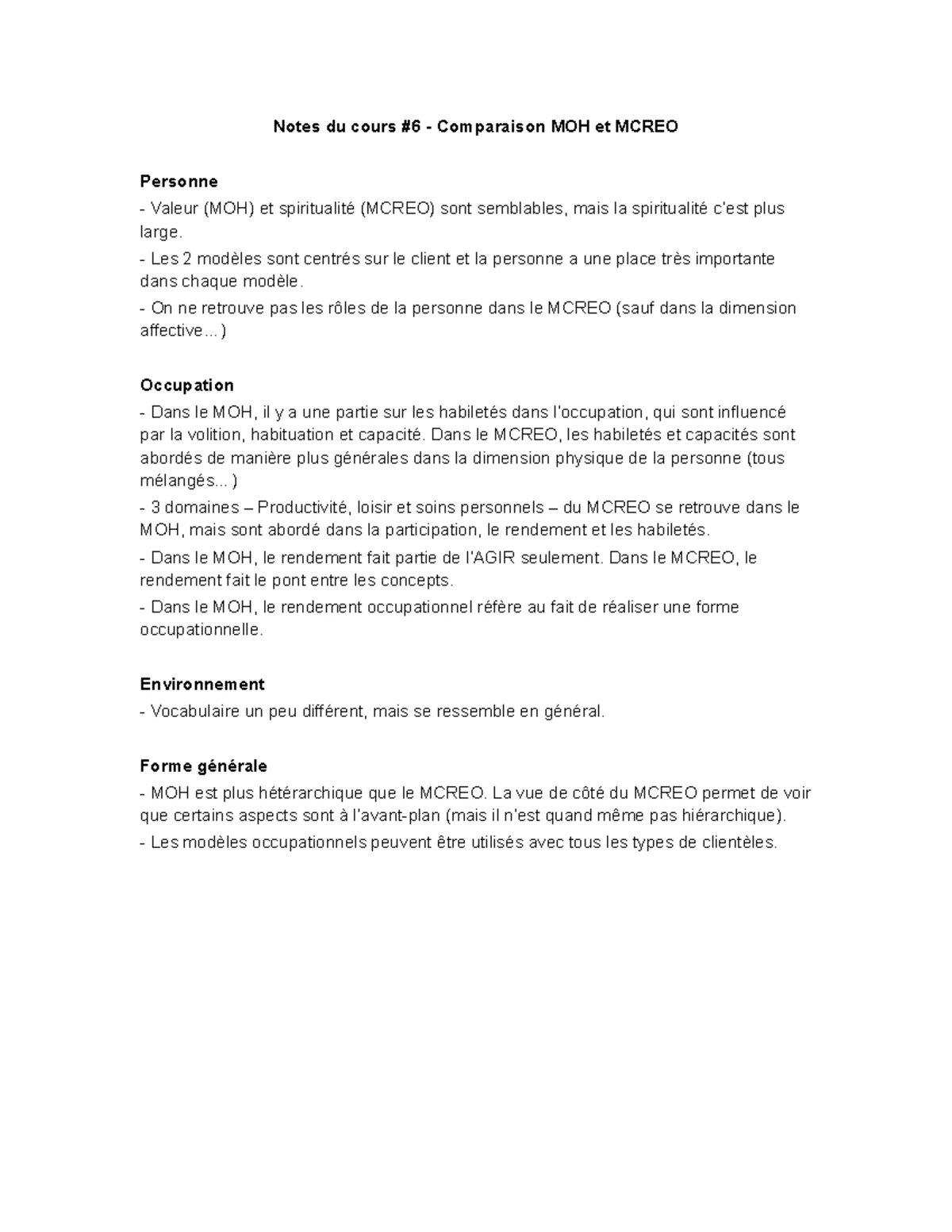 Mcreo - Résumé Fondements de l'ergothérapie - MCREO (Modèle Canadien du ...