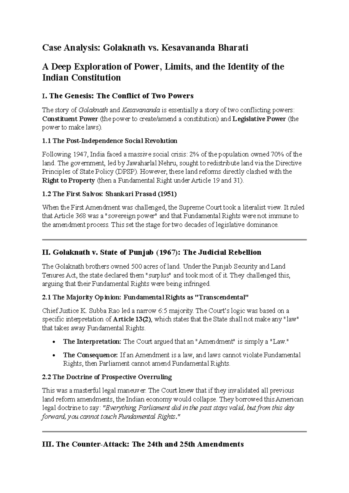 Case Study: Golaknath vs. Kesavananda Bharati - Power and Limits in ...