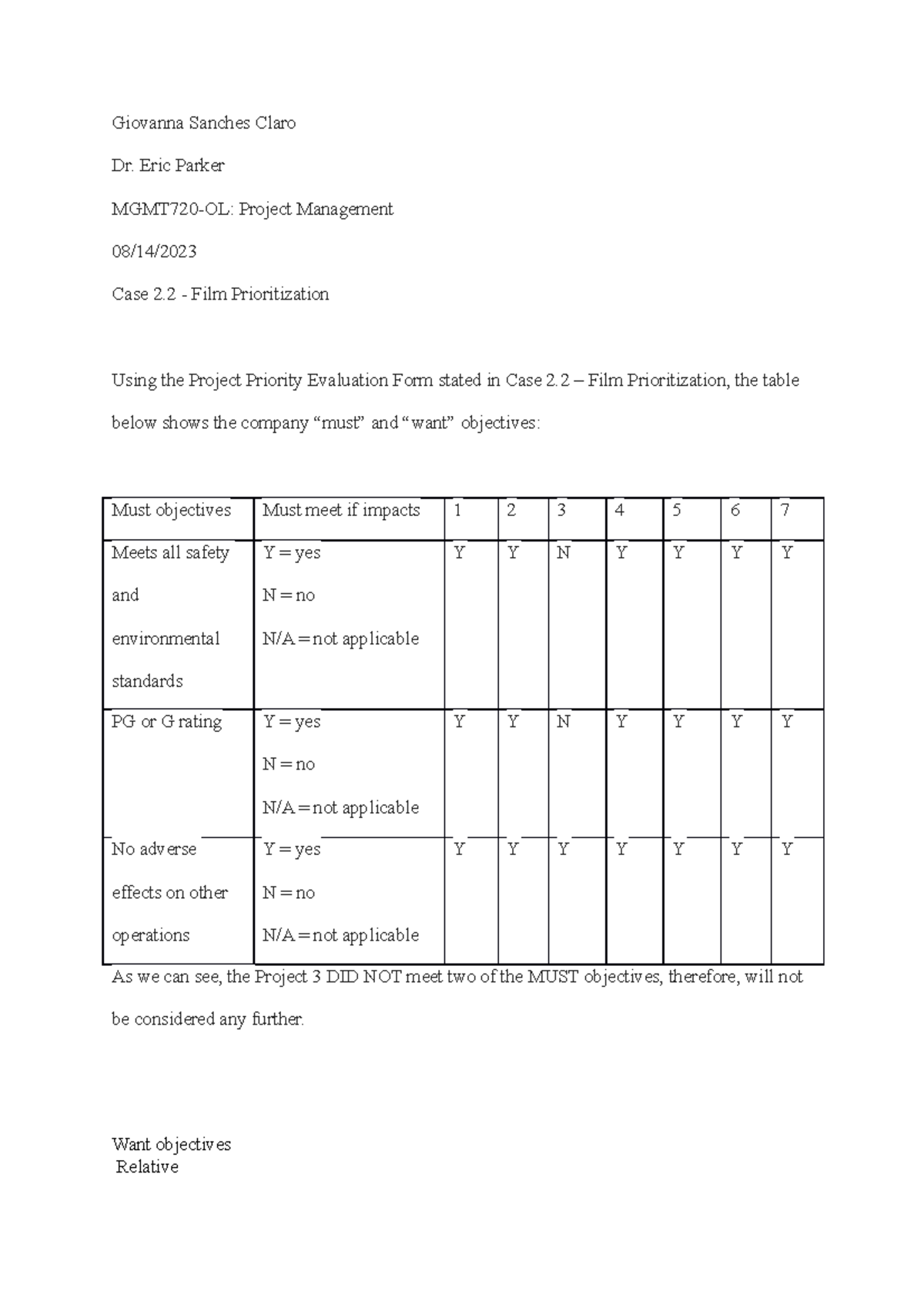 MGMT720-OL: Case Study on Film Prioritization & Project Evaluation ...