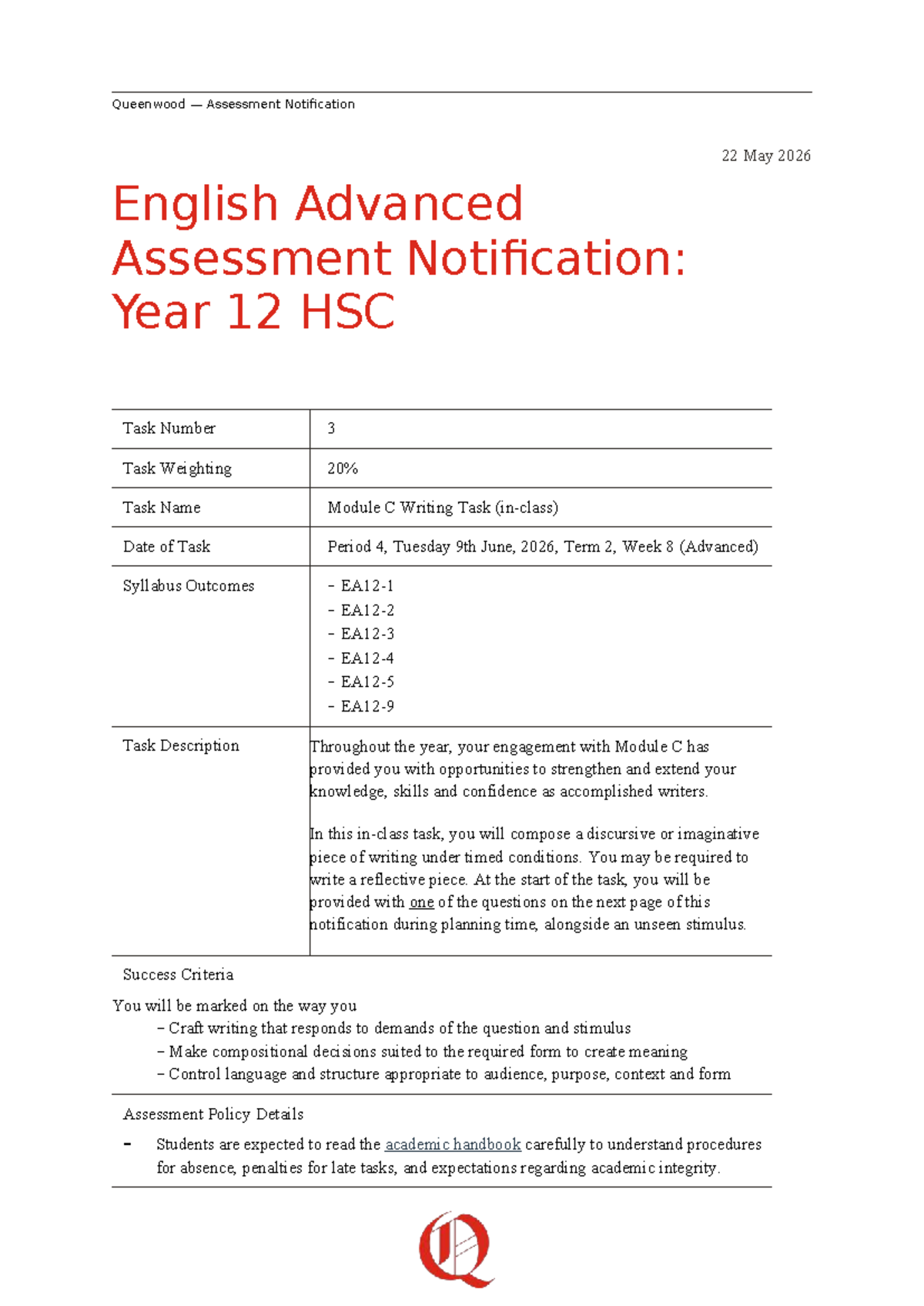 12ADV Task 3 Mod C Writing Assessment Notification - Studocu