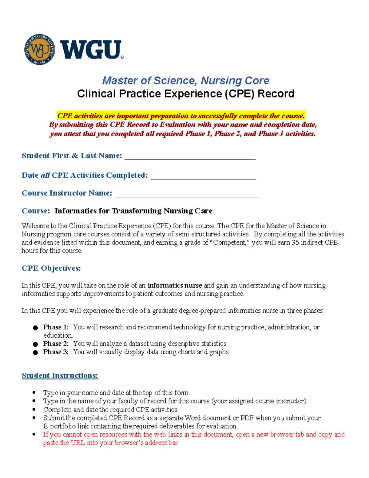 CPE Record - Informatics for Transforming Nursing Care – D029 - Master ...