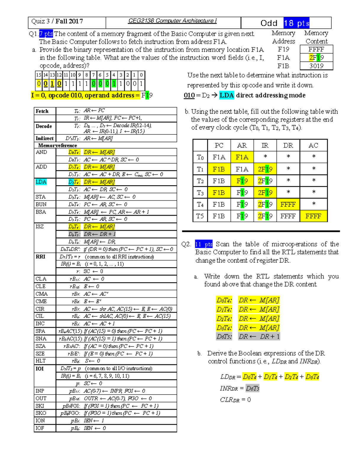 Quiz 3 2017, questions and answers - Quiz 3 / Fall 2017 CEG2136 Computer Architecture I Odd 1 8 ...