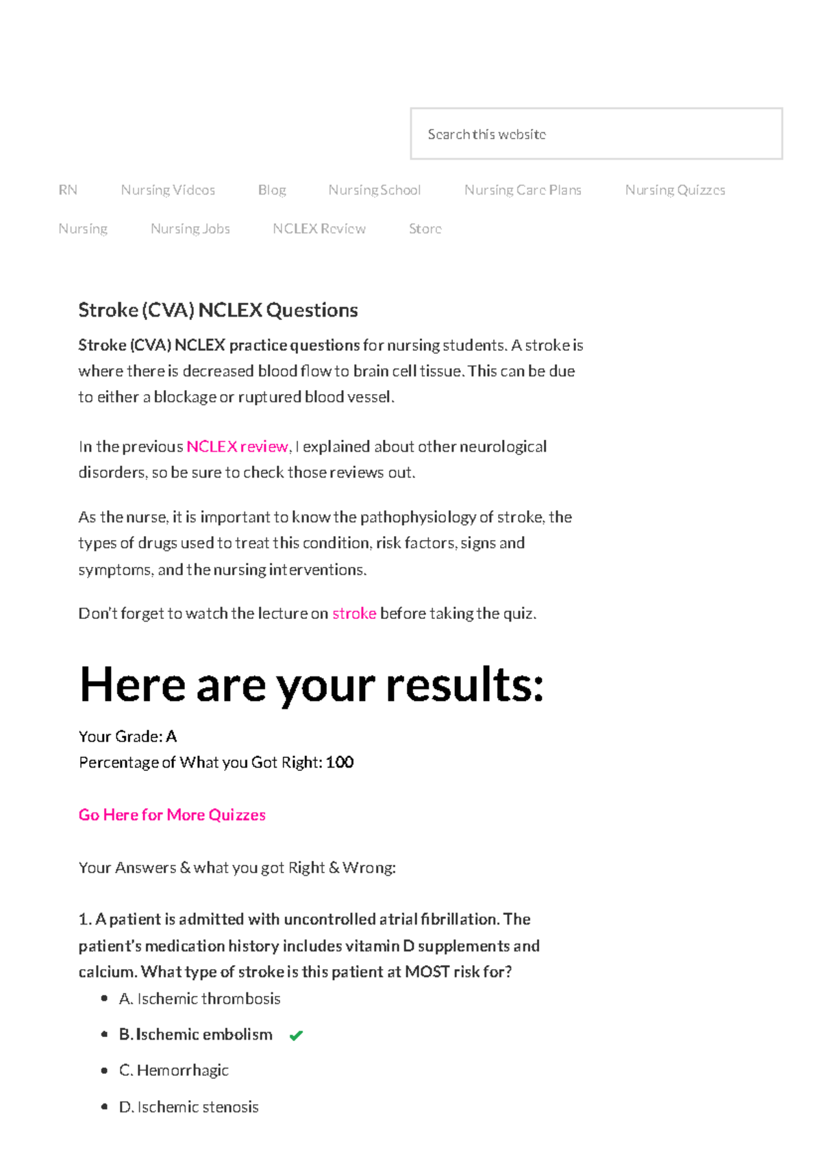 Stroke CVA NCLEX Practice Questions for Nursing Students - Studocu