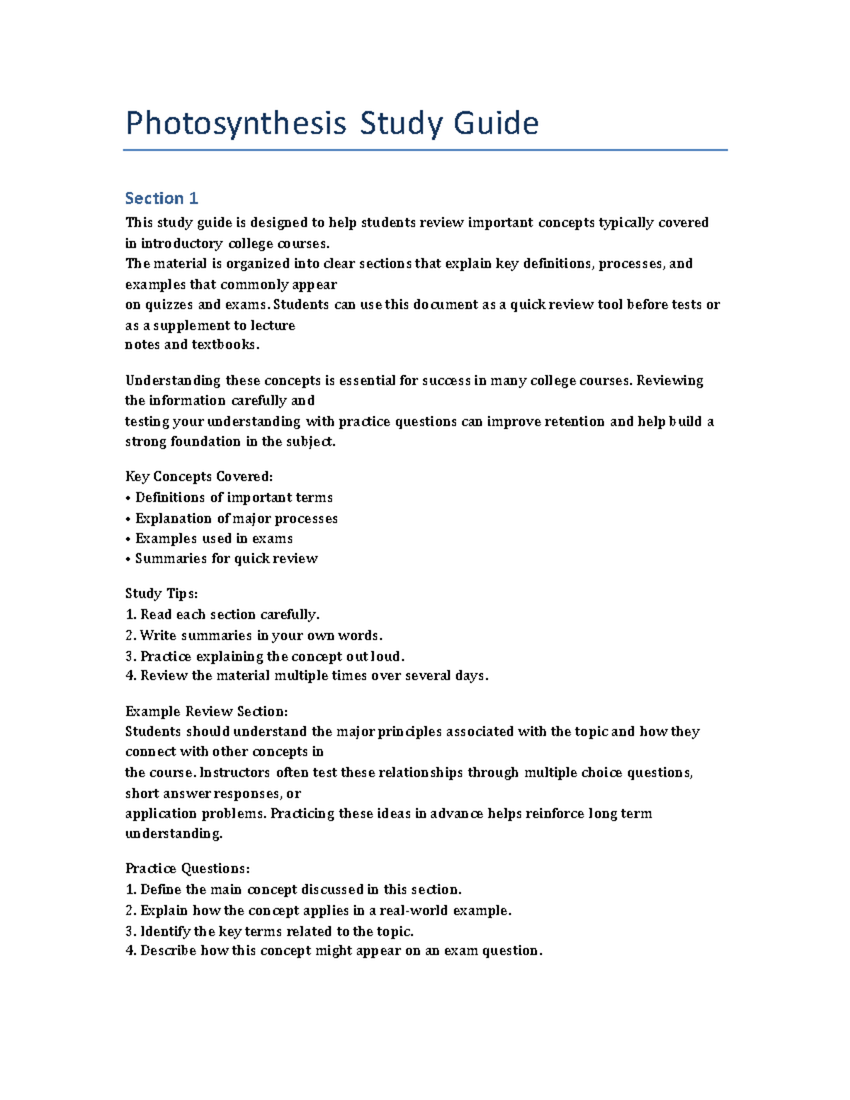 Photosynthesis Study Guide: Key Concepts & Review Tips - Studocu