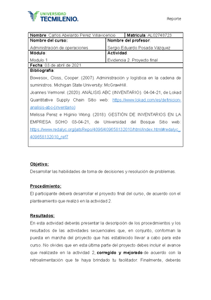Actividad 2 - ADMINISTRACIÓN DE OPERACIONES ACTIVIDAD 2 Parte 1. Retoma la actividad 1 (semana 1 ...
