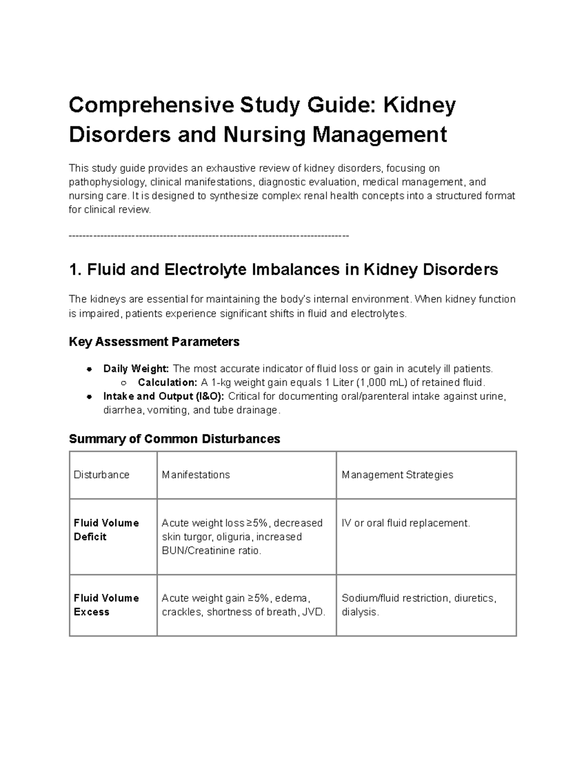 Comprehensive Study Guide: Kidney Disorders & Nursing Care (NUR 301 ...