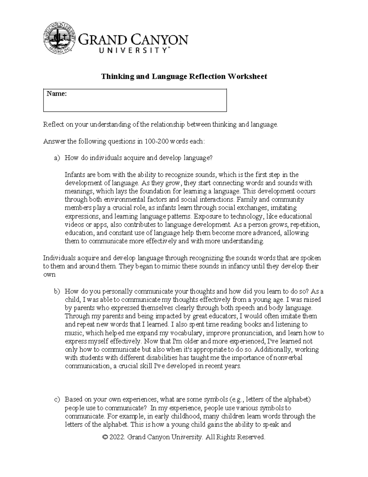 PHI105 - Thinking and language reflection sheet - Thinking and Language ...