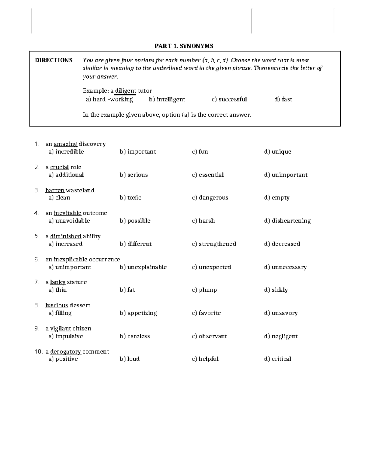 NCAE English Reviewer: Synonyms & Error Identification Practice - Studocu