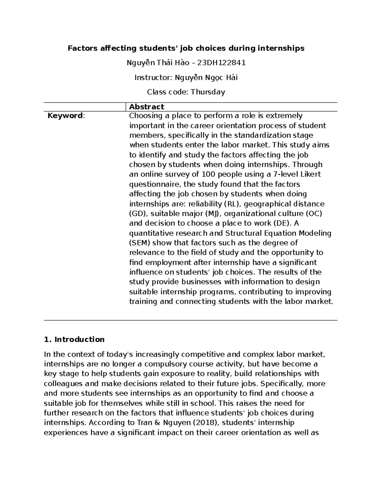 Factors Influencing Internship Job Choices: A Study (23DH122841) - Studocu