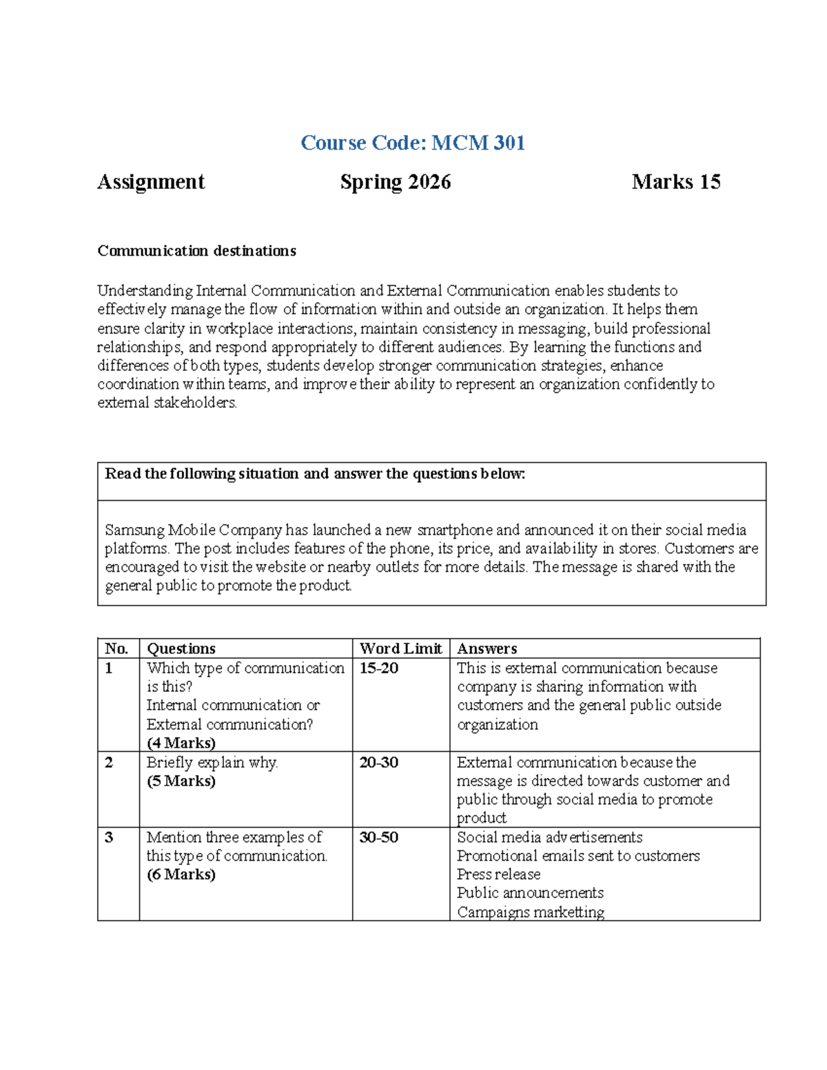 Spring 2026 MCM 301 Assignment: Understanding Internal & External ...