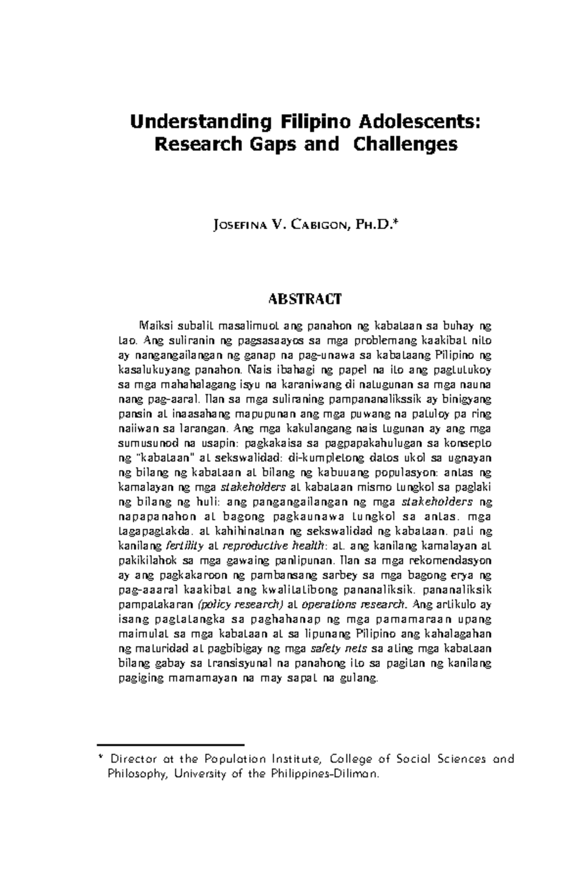 Research Gaps and Challenges in Filipino Adolescent Health (PSR 56 ...