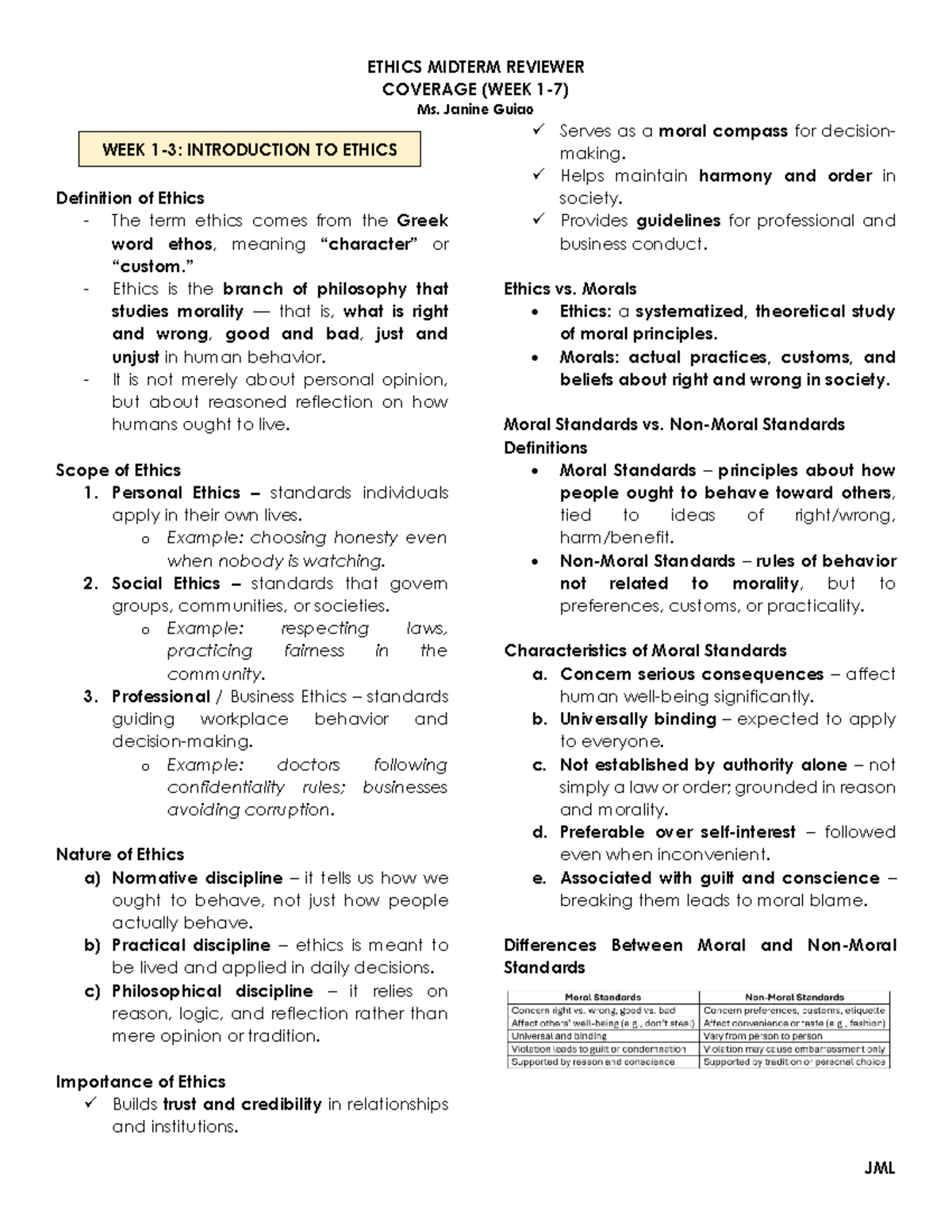 ETHICS 101 MIDTERM REVIEW: WEEKS 1-8 OVERVIEW - Studocu