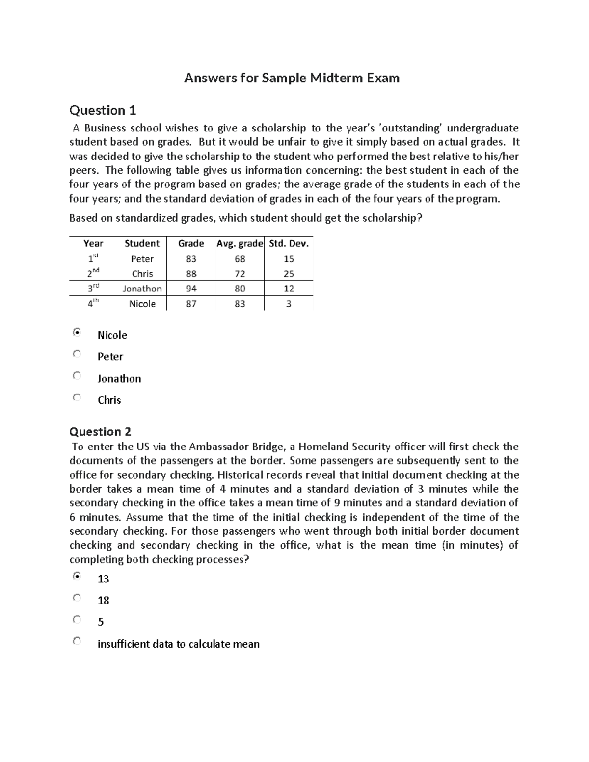 Answers for Sample midterm exam MSCI 1000 - Answers for Sample Midterm Exam Question 1 A ...