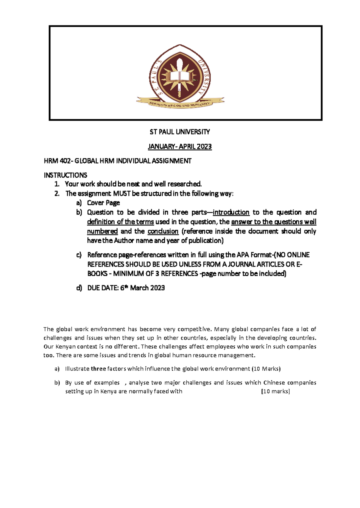 HRM 402 - Global HRM Individual Assignment Instructions - Jan 2023 - Studocu