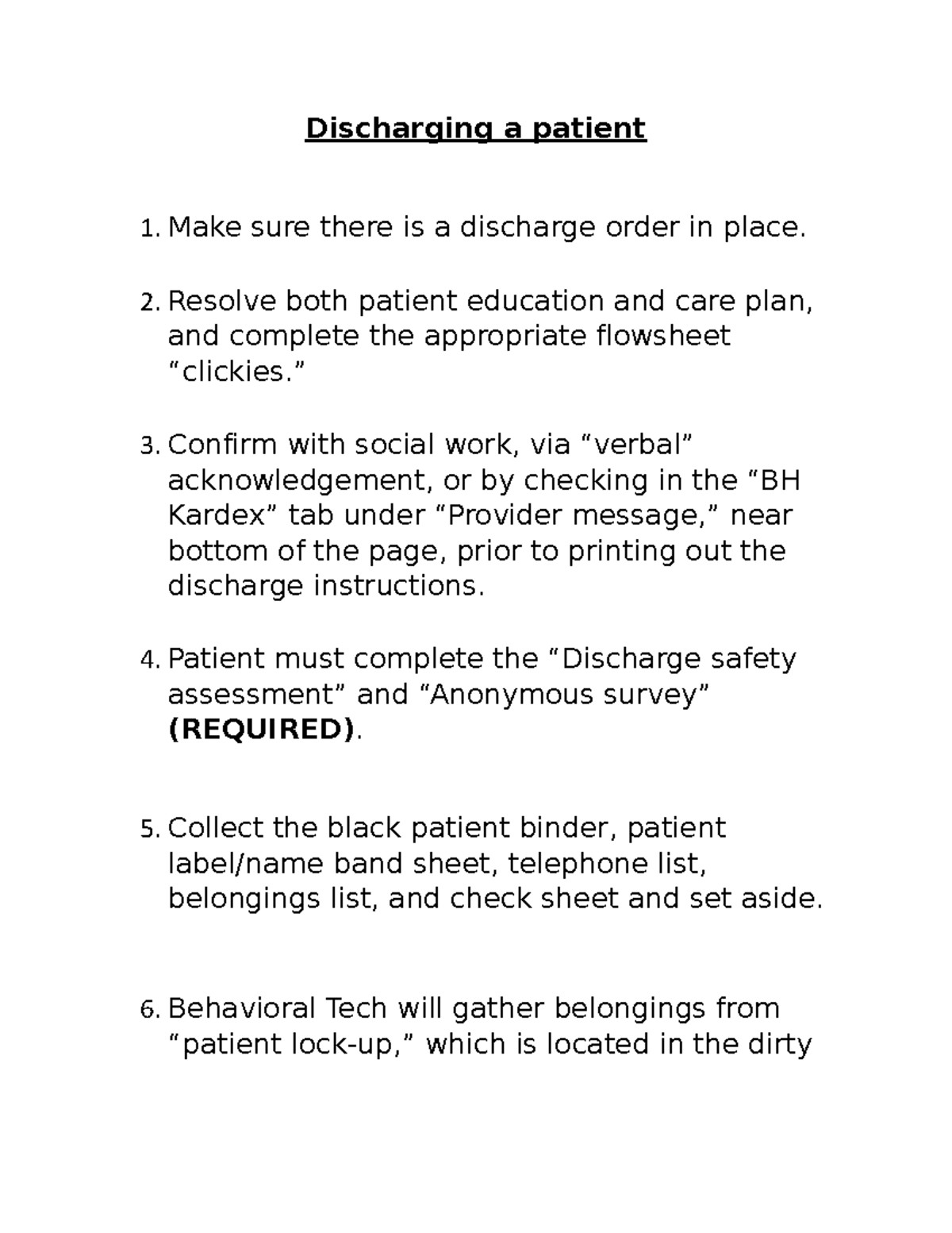 Patient Discharge Procedure Overview and Checklist - Studocu
