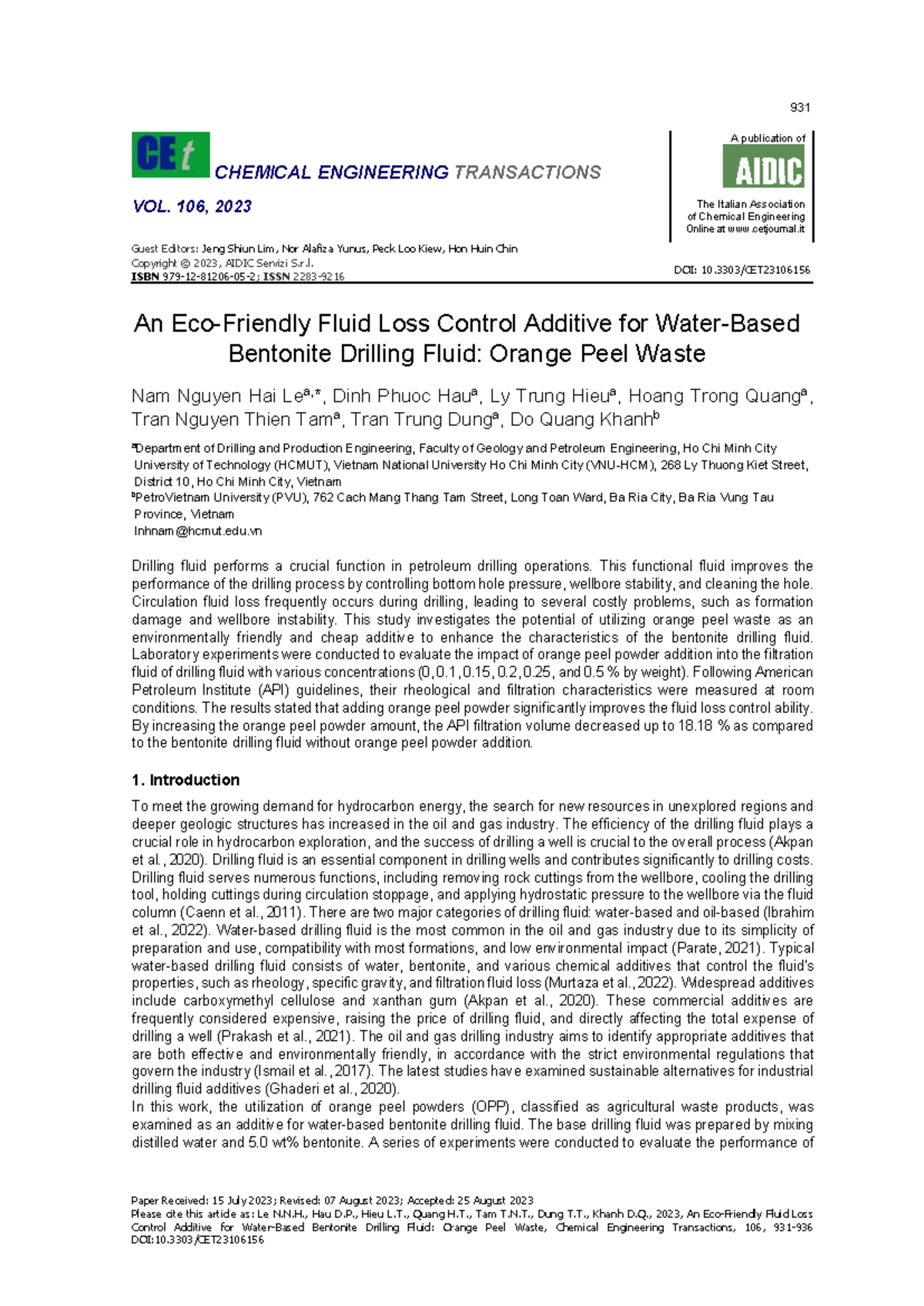 CHEM 931: Eco-Friendly Fluid Loss Control Additive for Bentonite ...