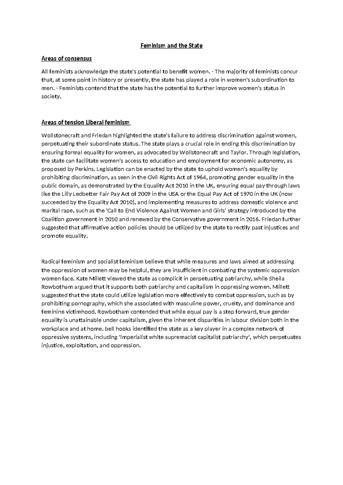 Feminism and the State: Perspectives from Key Feminist Thinkers - Studocu