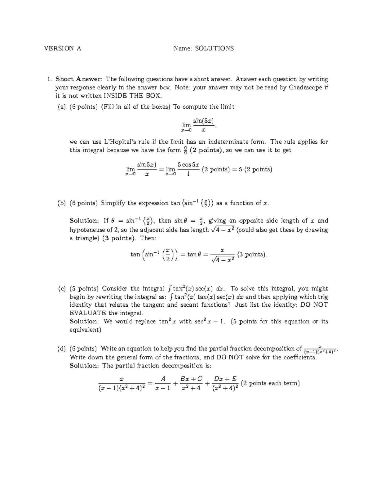 T2sp20form A ans - Exam Solutions - Short Answer: The following ...