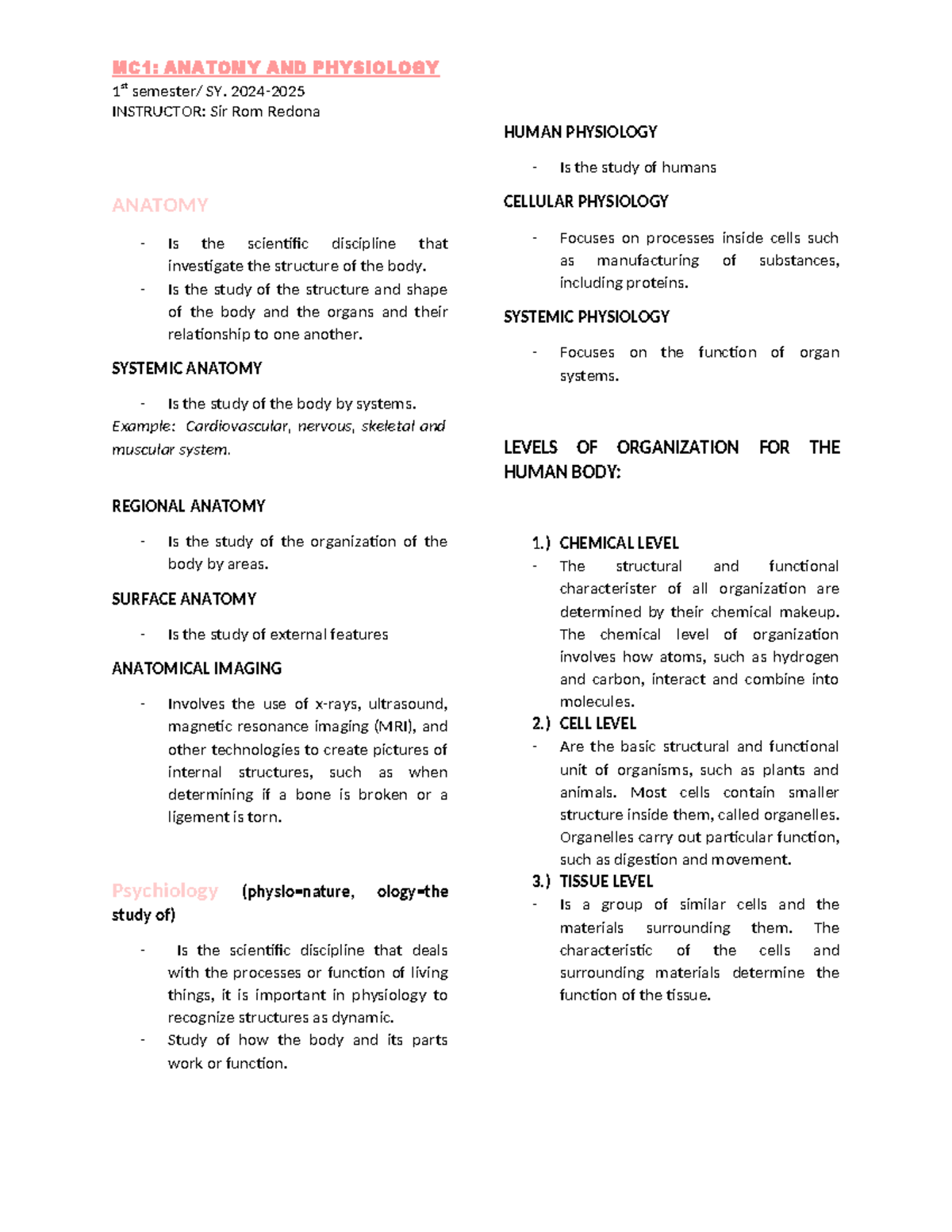 Anatomy and Physiology Review for 1st Semester SY 2024 - Studocu