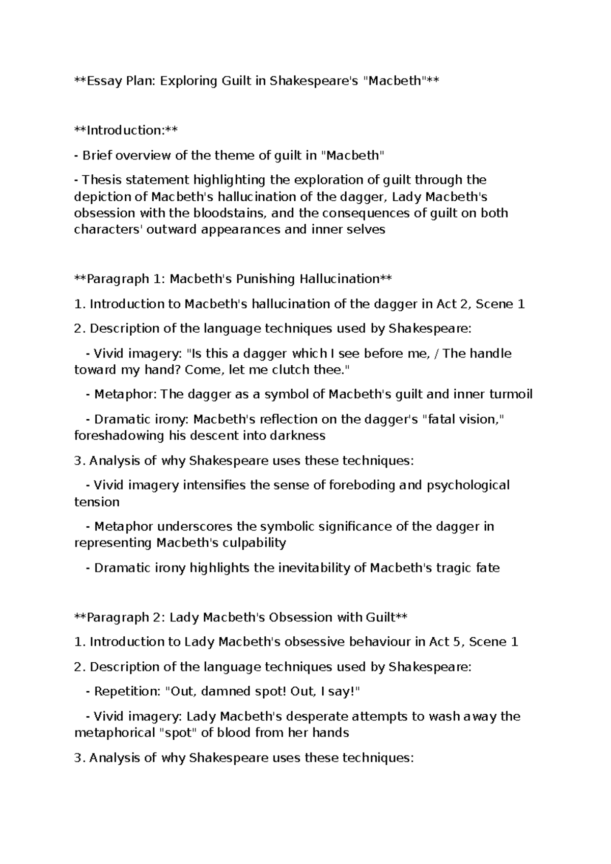 ENGL 101 Essay Plan: Analysis of Guilt in Shakespeare's "Macbeth" - Studocu
