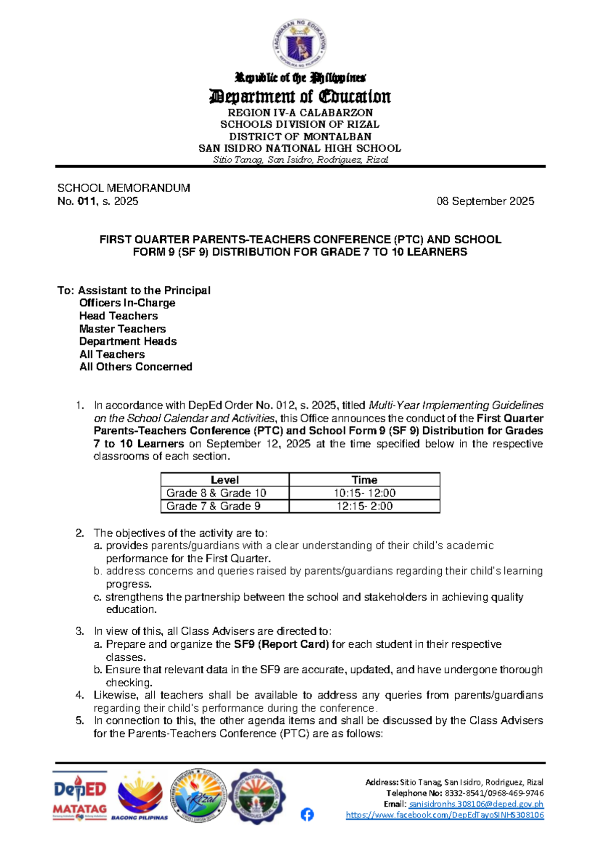 Memo: 1st Quarter PTC & SF9 Distribution for Grades 7-10 - Studocu
