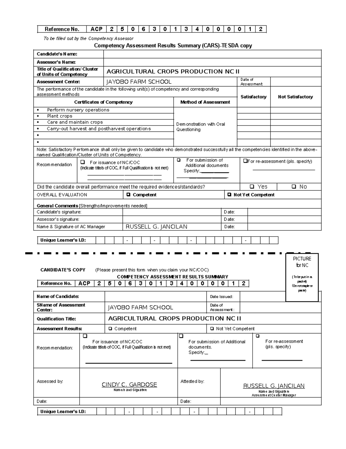 Competency Assessment Results Summary for Agricultural Crops Production ...