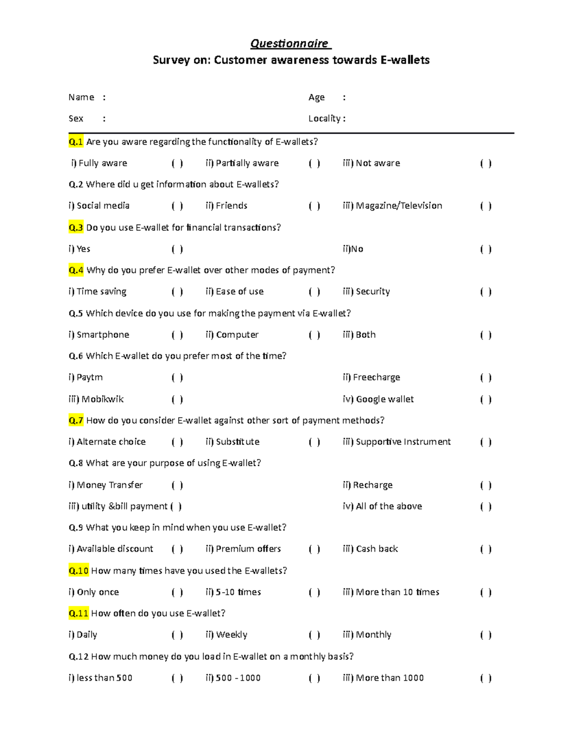 Customer Awareness Survey on E-Wallets: Questionnaire Analysis - Studocu