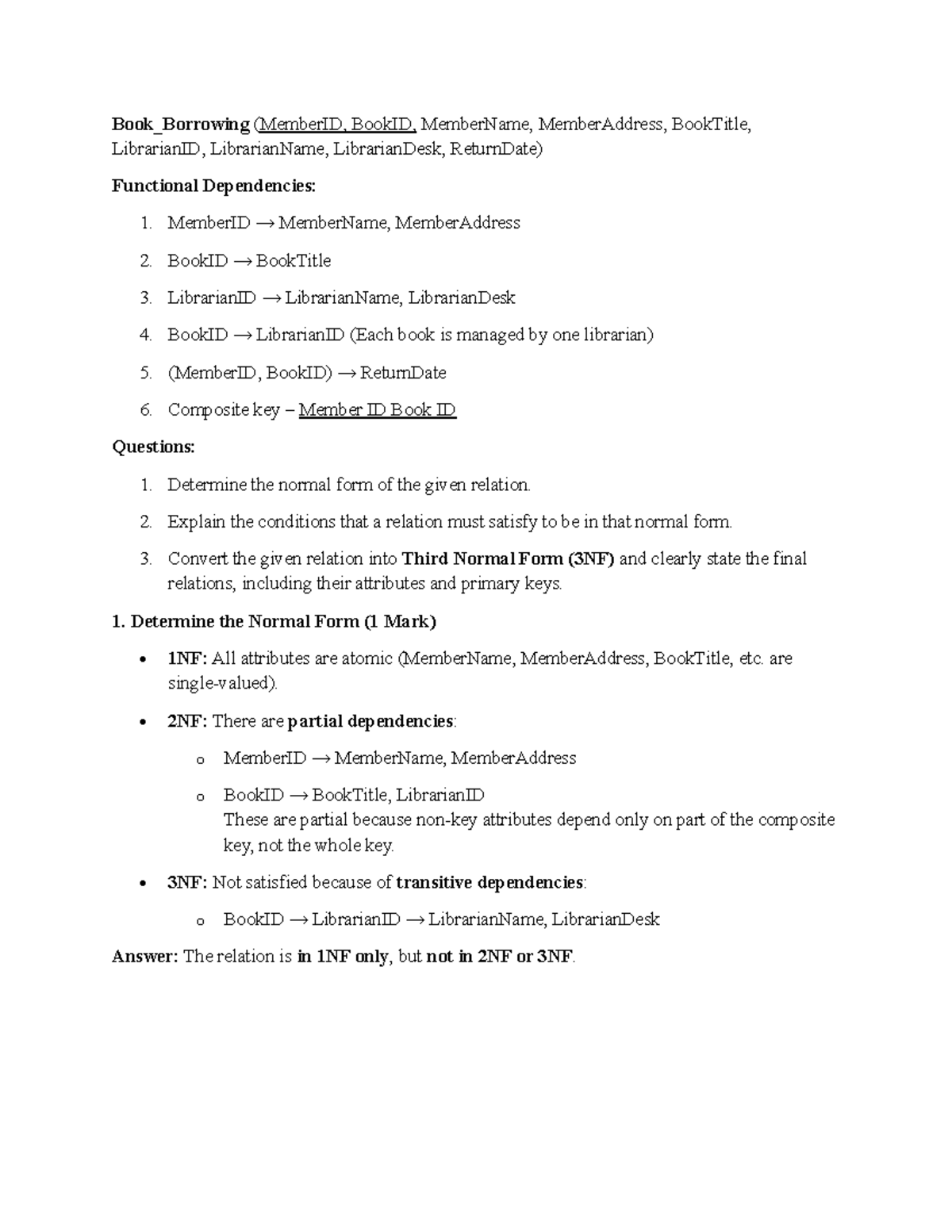 Normalization Mock Questions (CS101) - 3NF Analysis and Conversion - Studocu