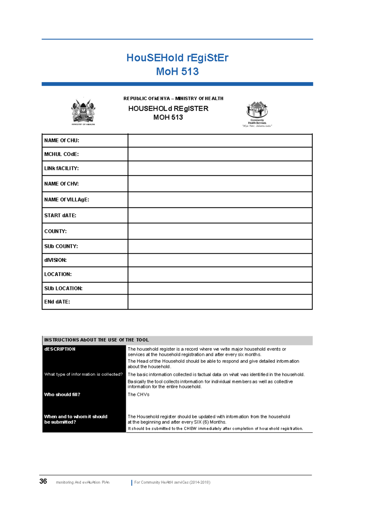 Household Register MOH 513 - Community Health Monitoring Tool - Studocu