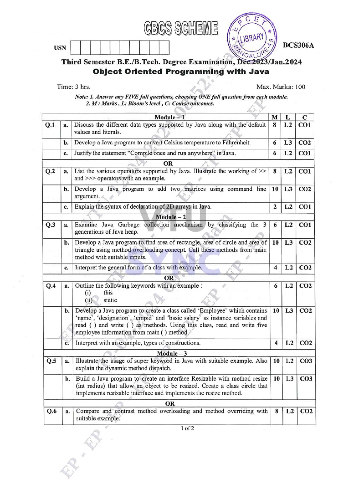 Object Oriented Programming With Java Bcs306a Pyq Notes Studocu
