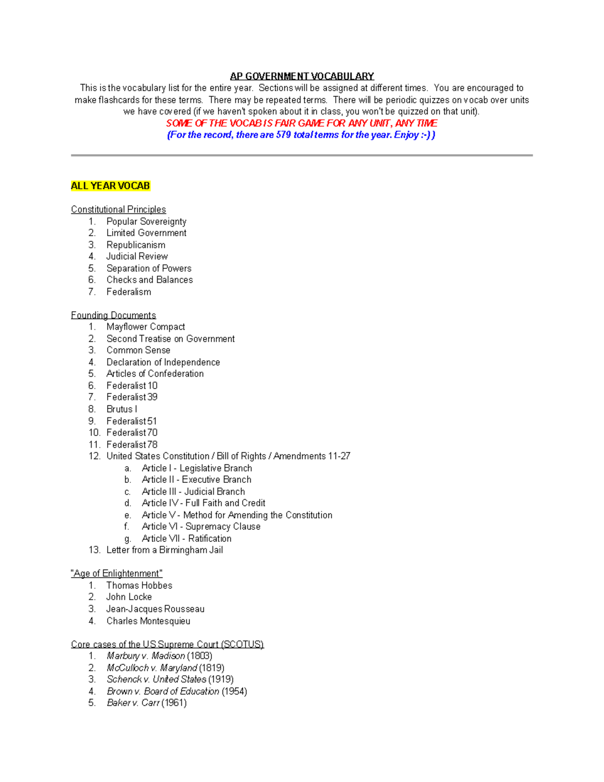 AP GOV 101: Comprehensive Vocabulary List for All Year - Studocu