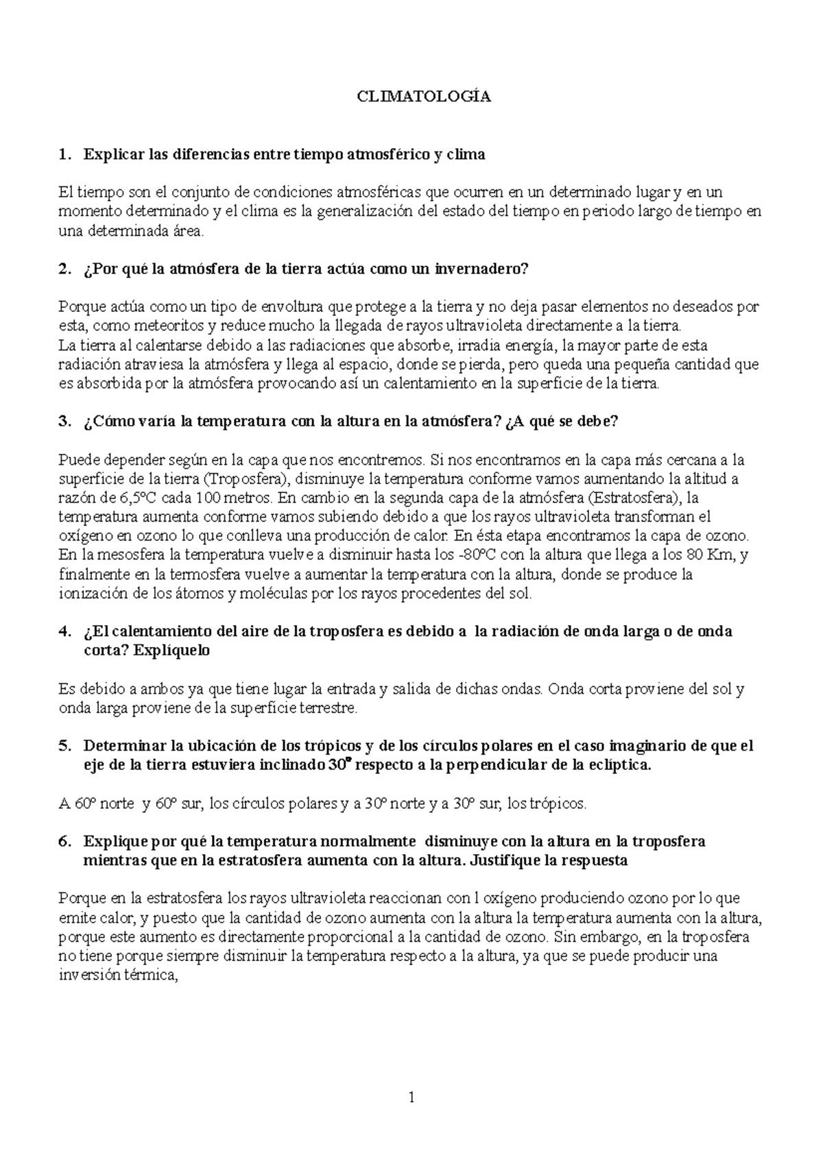 Práctica, preguntas y respuestas Climatología - 1. Explicar las ...