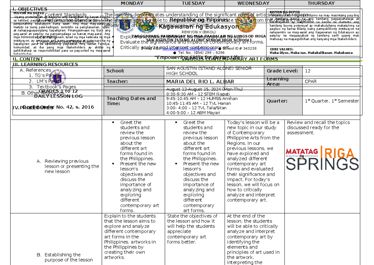 CPAR-DLL Week 3 - Contemporary Philippine Arts Lesson Plan - Studocu