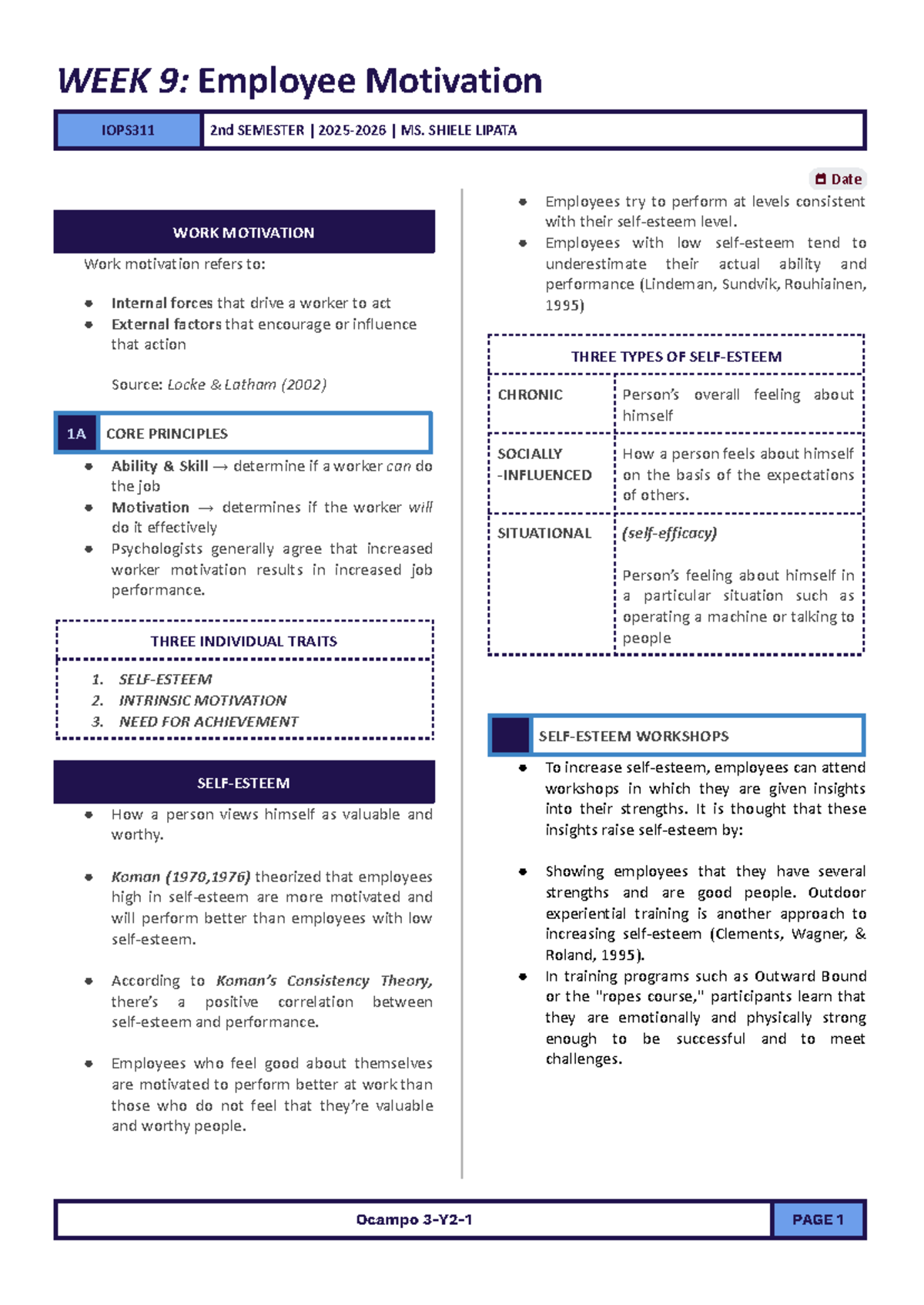 WEEK 9: Employee Motivation Insights IOPS311 2nd SEMESTER - Studocu