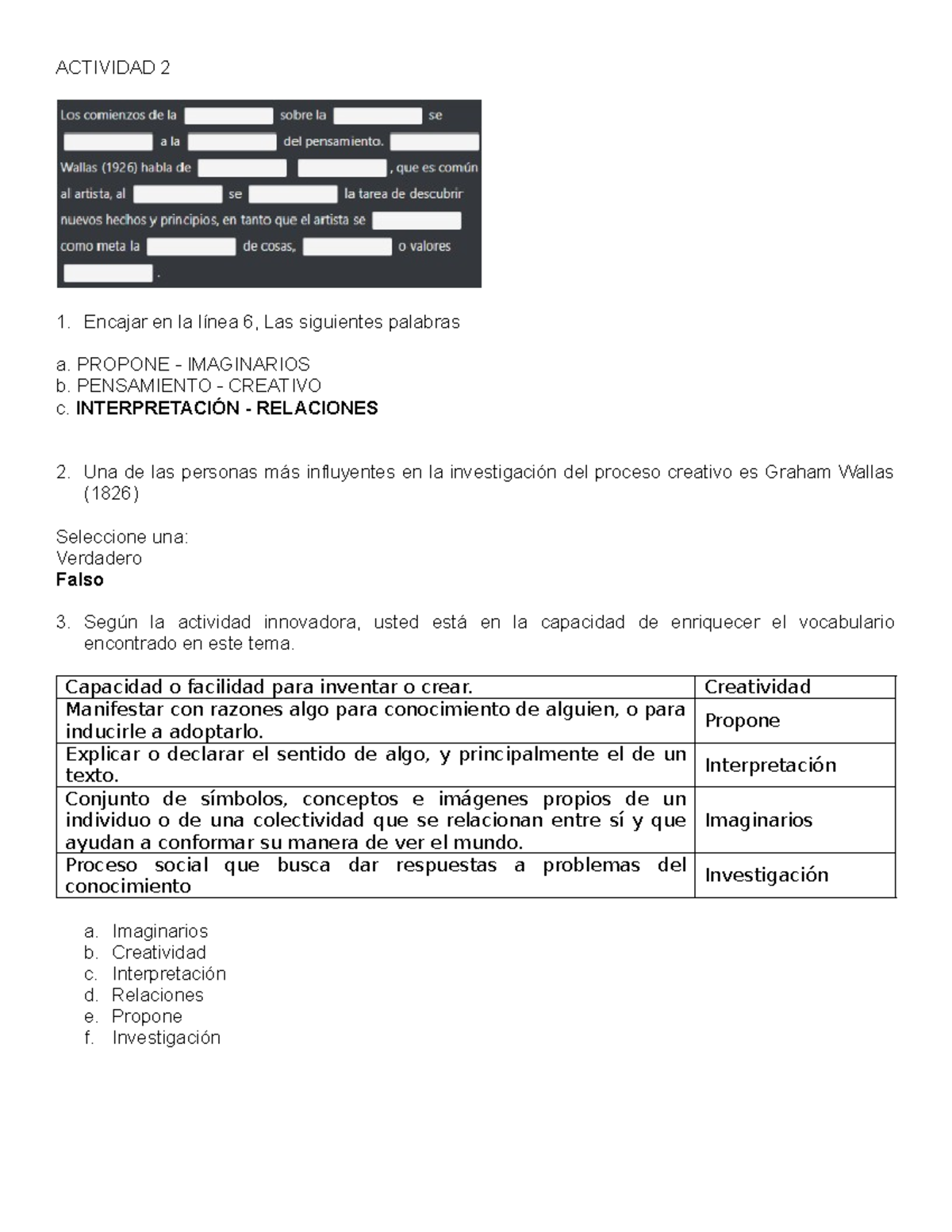 Actividad 2: Vocabulario y Conceptos sobre Creatividad e Investigación ...
