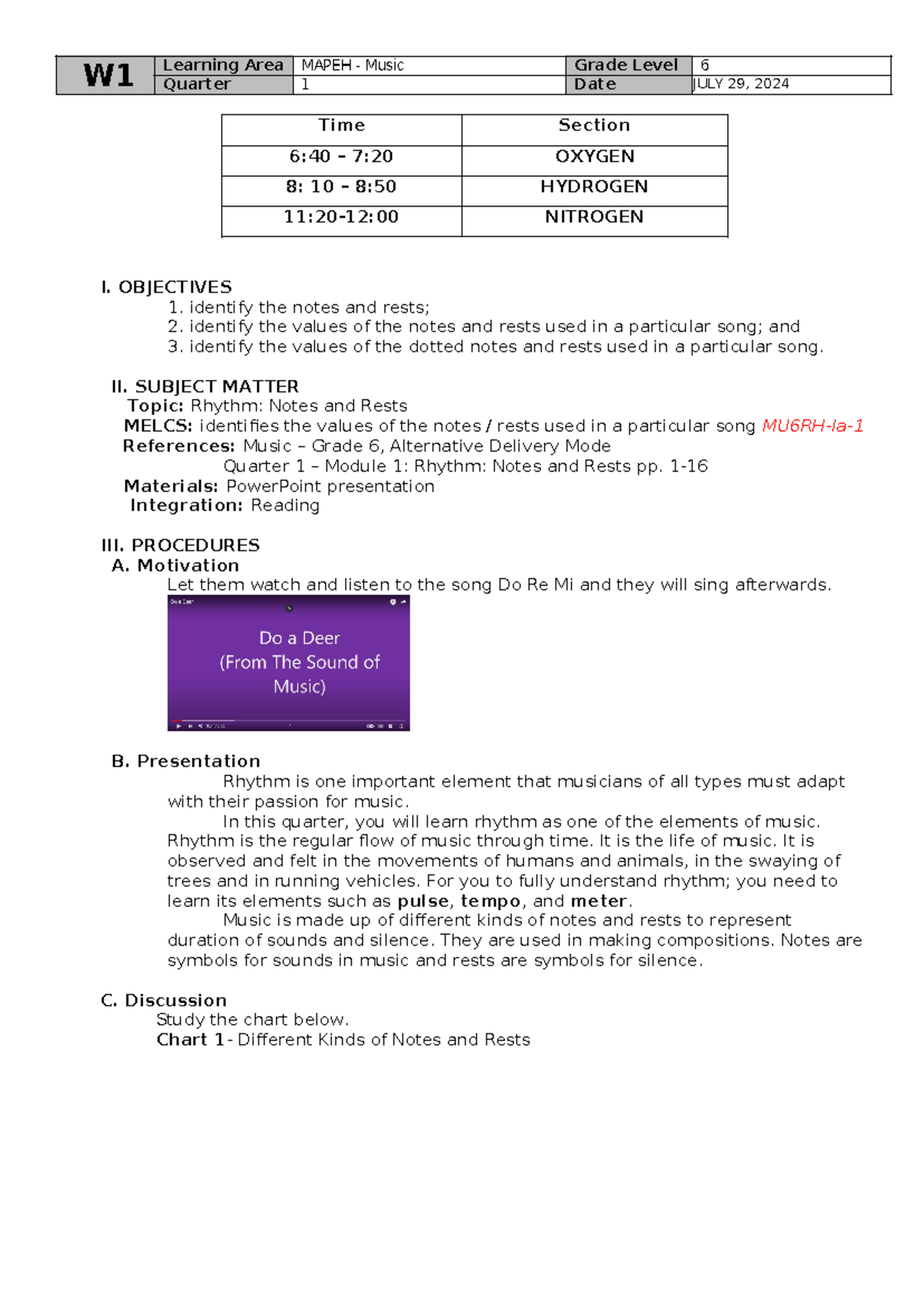Q1-MAPEH Grade 6 Music Lesson Plan: Rhythm, Notes & Rests - Studocu