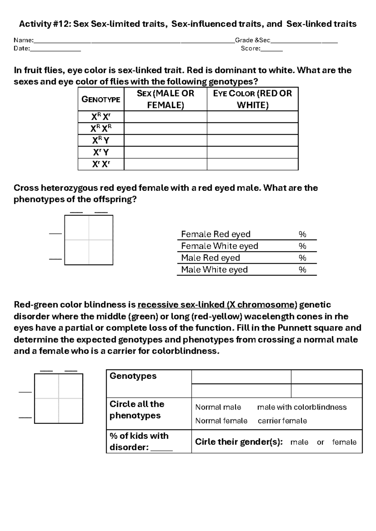Act-12 Activity #1: Understanding Sex-Linked & Influenced Traits - Studocu
