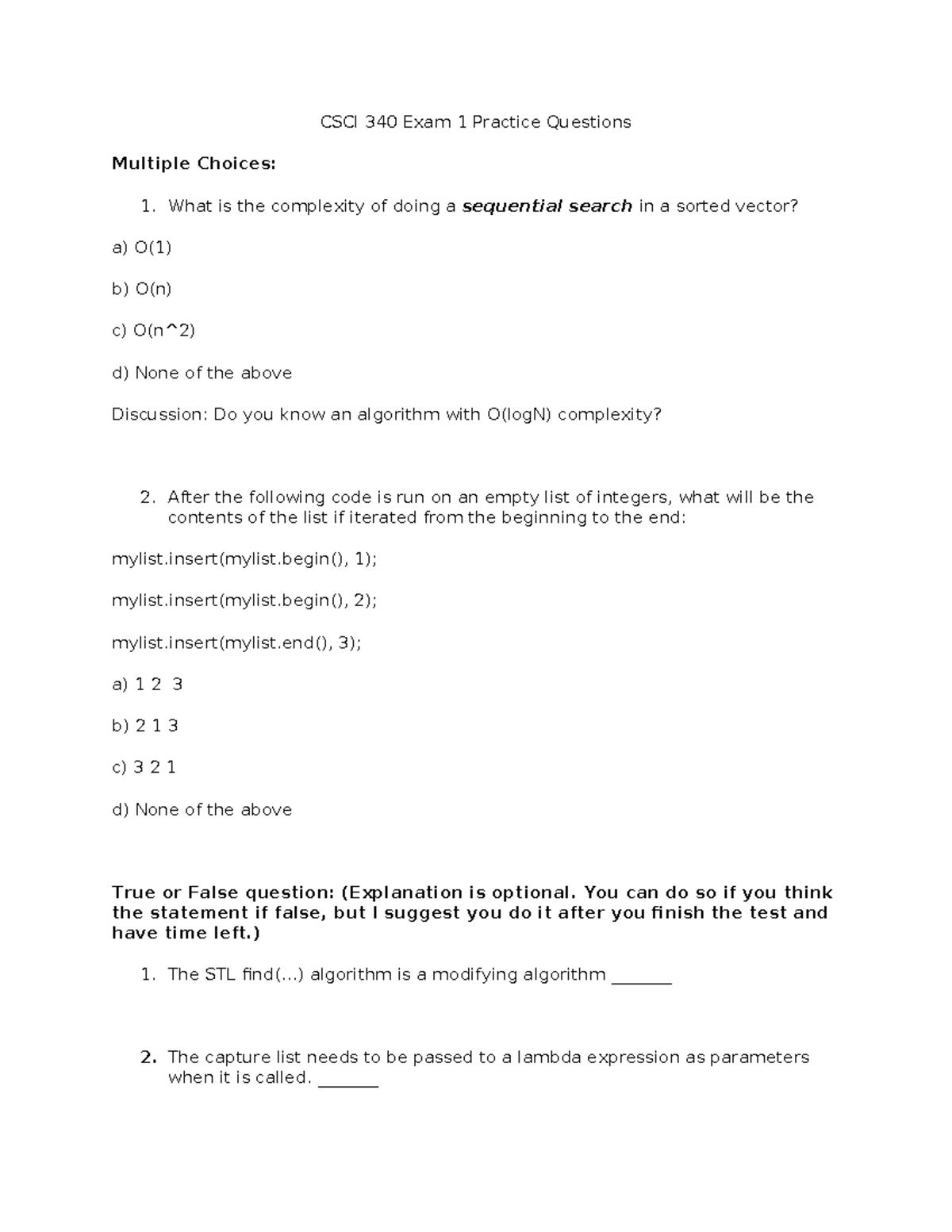 CSCI 340 Exam 1 Practice Questions & Solutions - Studocu