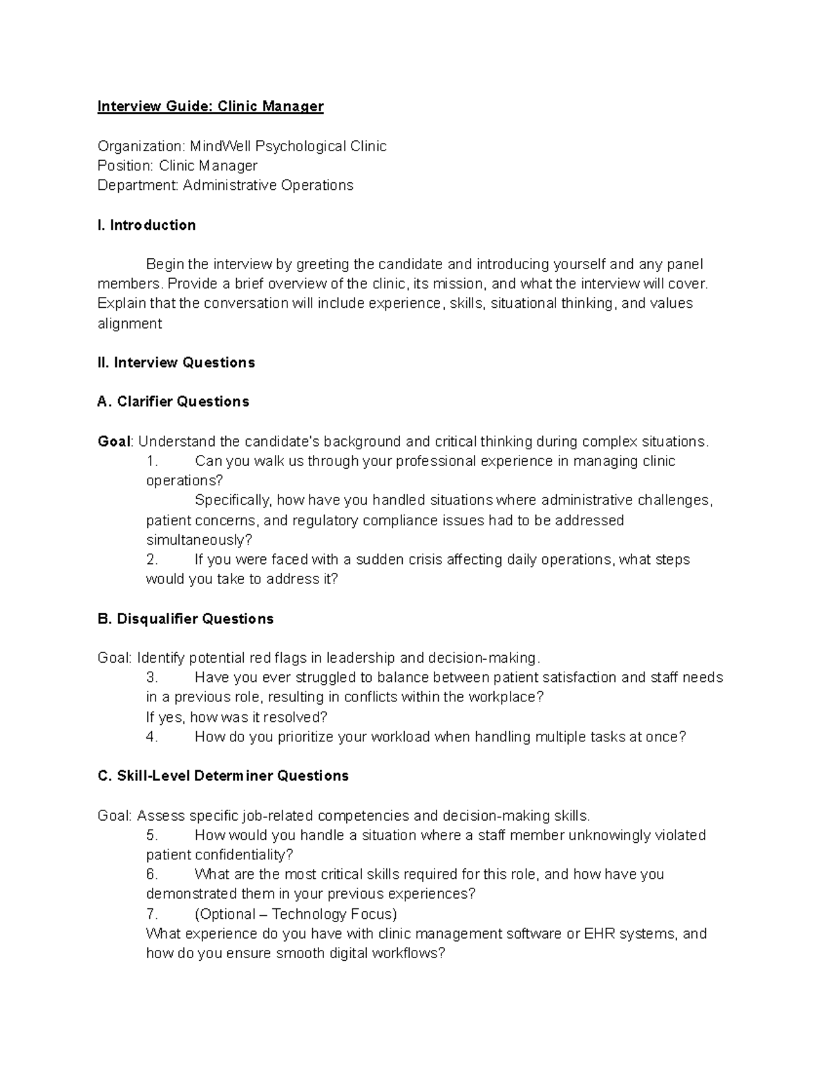 Interview Guide for Clinic Manager Position - JOB-Analysis Group-4 ...